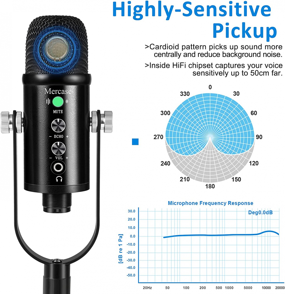 Mercase USB Studio Condenser Microphone Computer Podcast Mic for PC-Bl ...