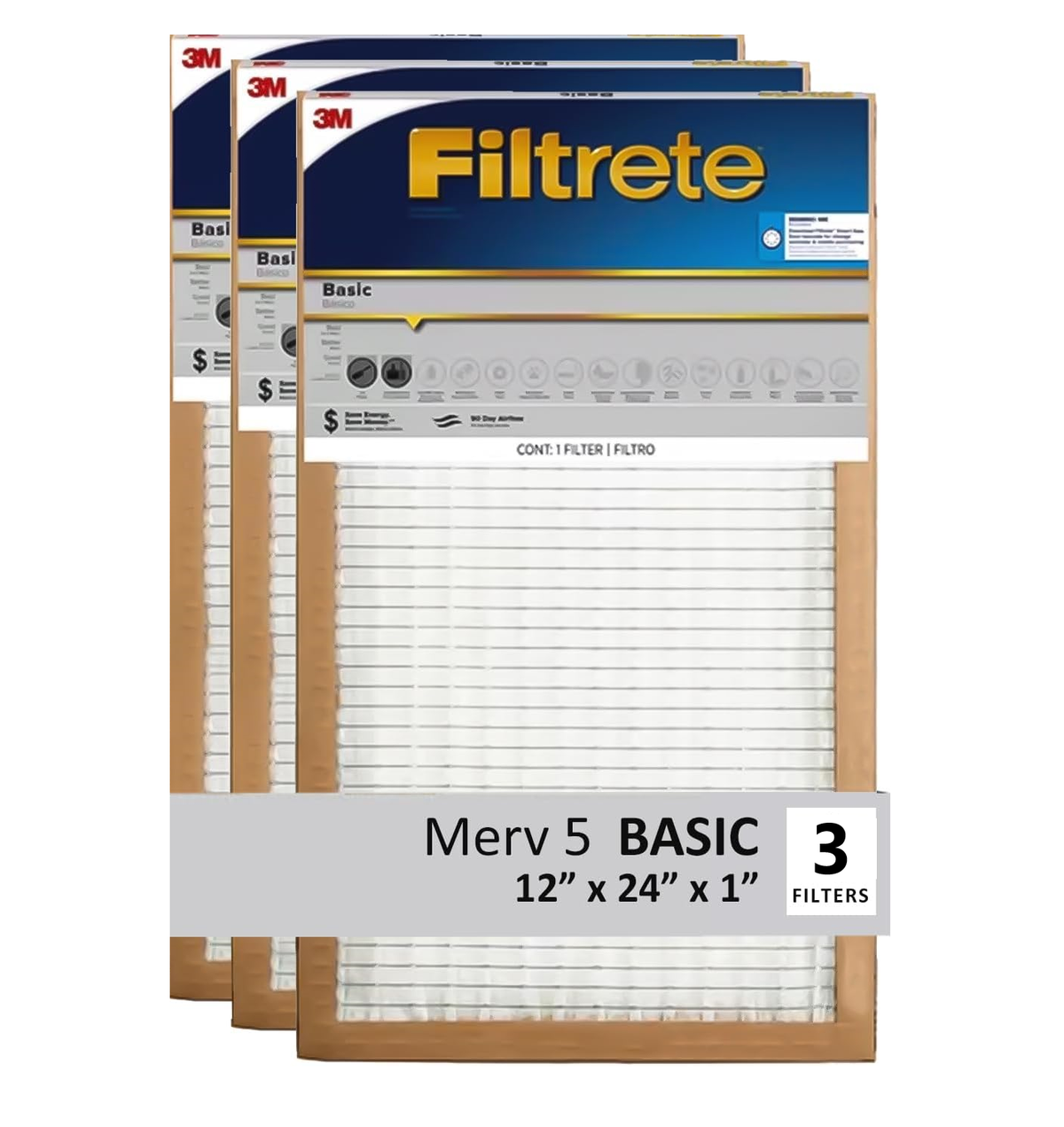 3M Filtrete 12x24x1 Air Filter 3M MERV 5 HVAC AC Furnace Filter - 3 Pa ...